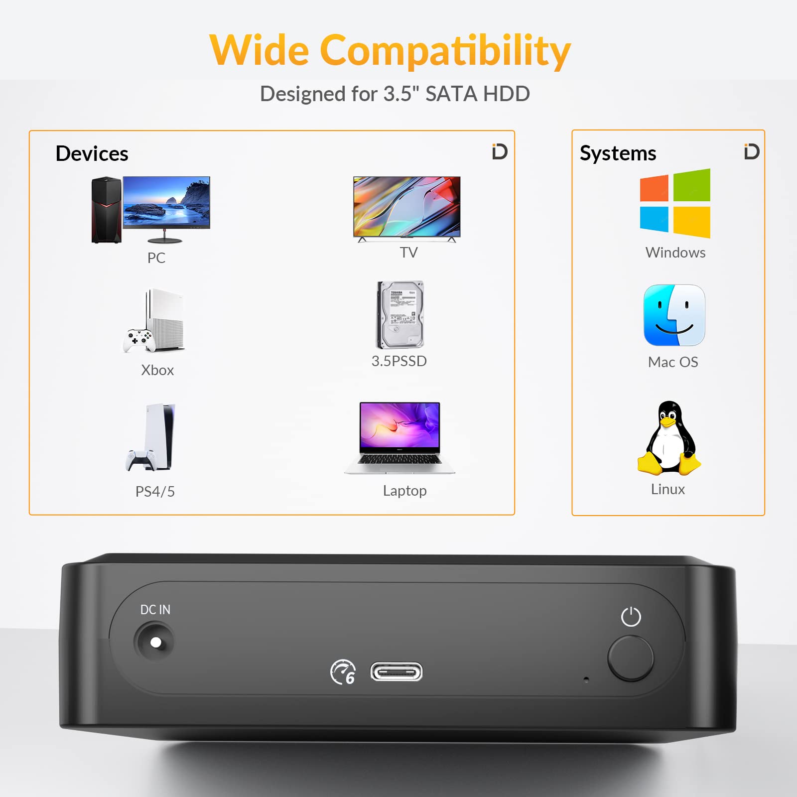 iDsonix 3.5 Inch Hard Drive Enclosure SATA USB C 3.1 Ultra 6G Speed External HDD Caddy Tool-Free Design for UASP , SATA HDD/SSD