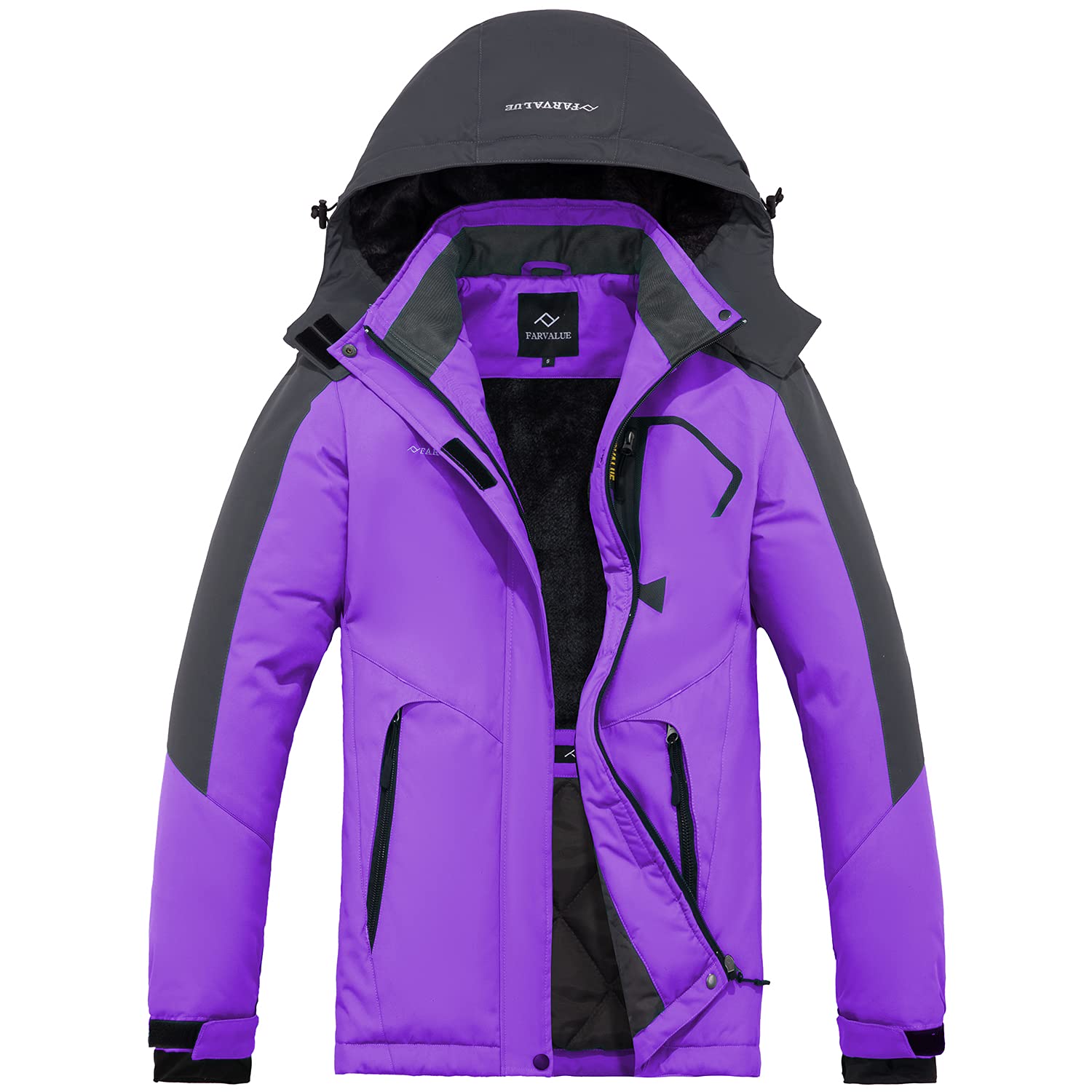 FARVALUE Womens Waterproof Ski Jacket Warm Winter Snow Coat Windproof Snowboard Jacket Hooded Raincoats Mountain Windbreaker Purple Small
