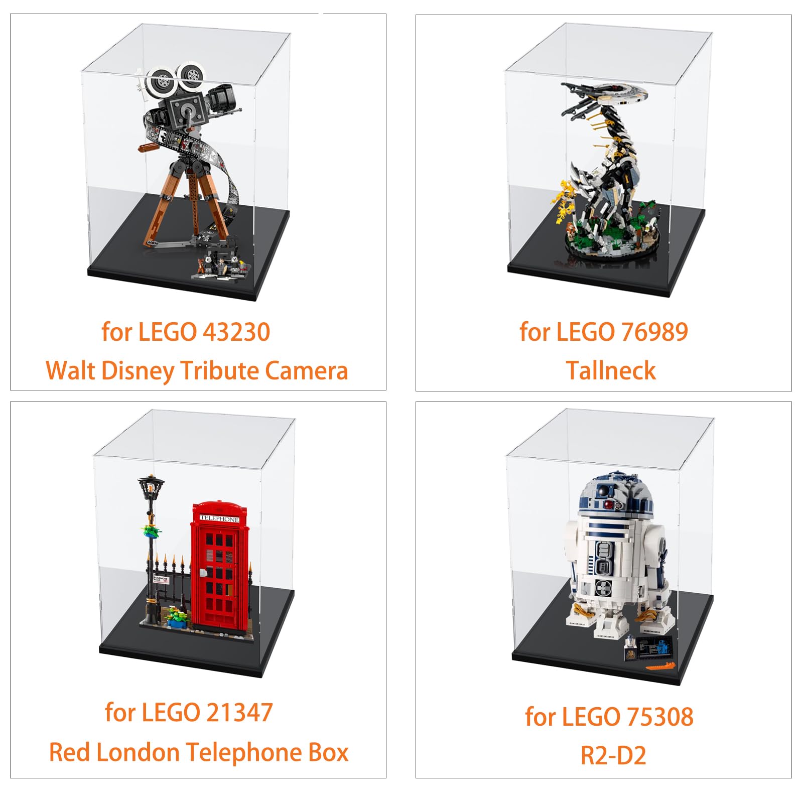 Thickened Clear Acrylic Display Case for Lego 75398 C-3PO 76989 21347 75308 Collectibles, Self-Assembly Box Dustproof Protection with Wood-Plastic Base & String Light, Black Inside 9.8x9.8x15.7 inch