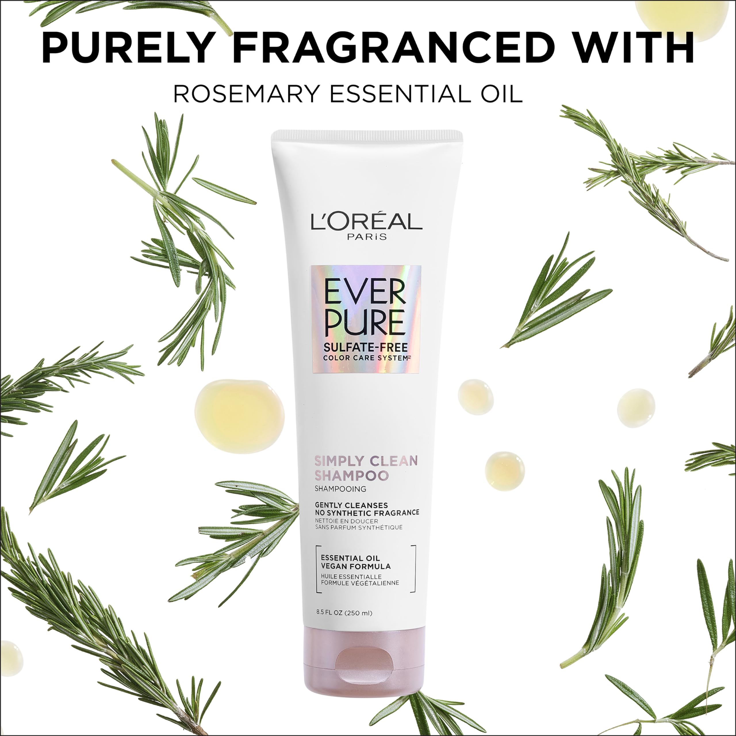 L'Oreal Paris EverPure Sulfate Free Simply Clean Shampoo, Hydrating Hair Care with Rosemary Essential Oils, 8.5 Fl Oz