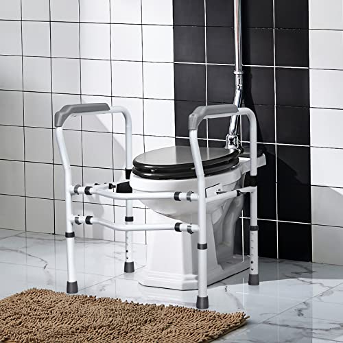 GYMAX Toilet Safety Frame & Rail, Adjustable Free-Assembly Medical Bathroom Assist Frame for Elderly with 360° Rotatable Clip, Non-Slip Heavy Duty Stand Alone Disabled Toilet Riser Handrail Grab Bar