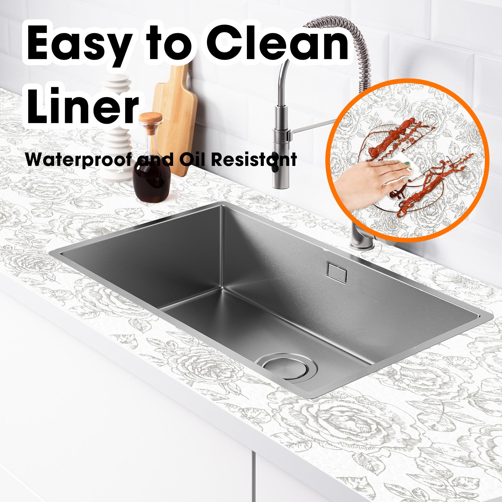 Gopas Drawer and Shelf Liner for Kitchen Cabinets Non-Adhesive, Non-Slip Cabinet Liner Shelf Paper Strong Grip Waterproof Easy to Clean for Kitchen Shelves Cupboard, Flower,12IN X 10FT
