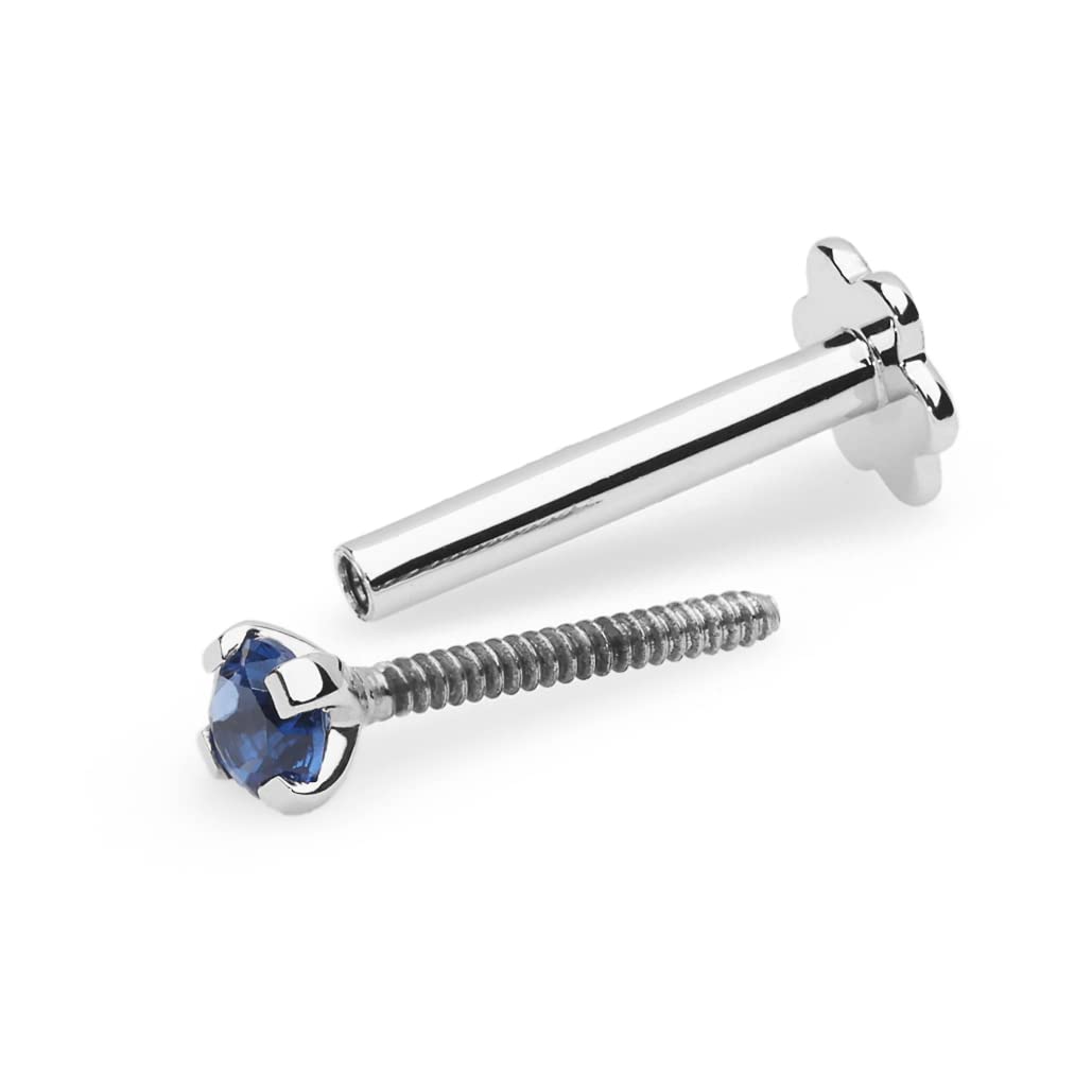Demira Jewels 2.20mm Solitaire Real Blue Sapphire Solid 14K White Gold Nose Pin, Lip Labret, Monroe Ring Stud Screw - 16 Gauge, 8mm Long Post.