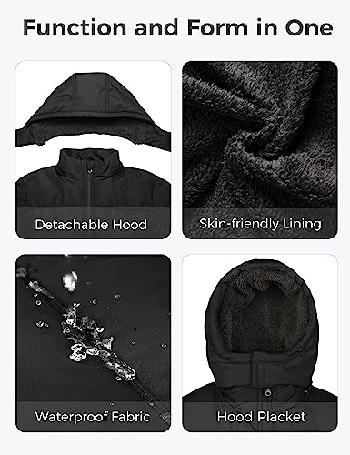 Wantdo Men's Warm Puffer Jacket Thicken Waterproof Winter Coat with Hood (Black, Medium)