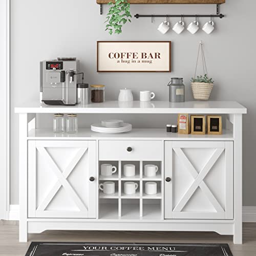 Modern Coffee Bar Cabinet, 47β Storage Cabinet Sideboard Buffet Barn Door Drawer Open Shelf for Kitchen, Dining/ Living Room 47" x 16" x 32"(White)