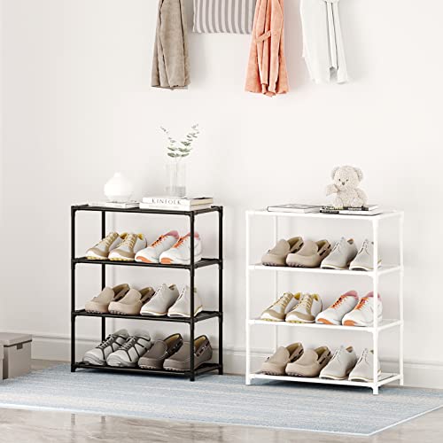 Vockot Small Shoe Rack 6-8 Pairs Sturdy Shoe Shelf 4-Tiers Narrow Stackable Shoe Organizer,Lightweight Kids Shoe Racks for Entryway, Doorway and Closet(White)