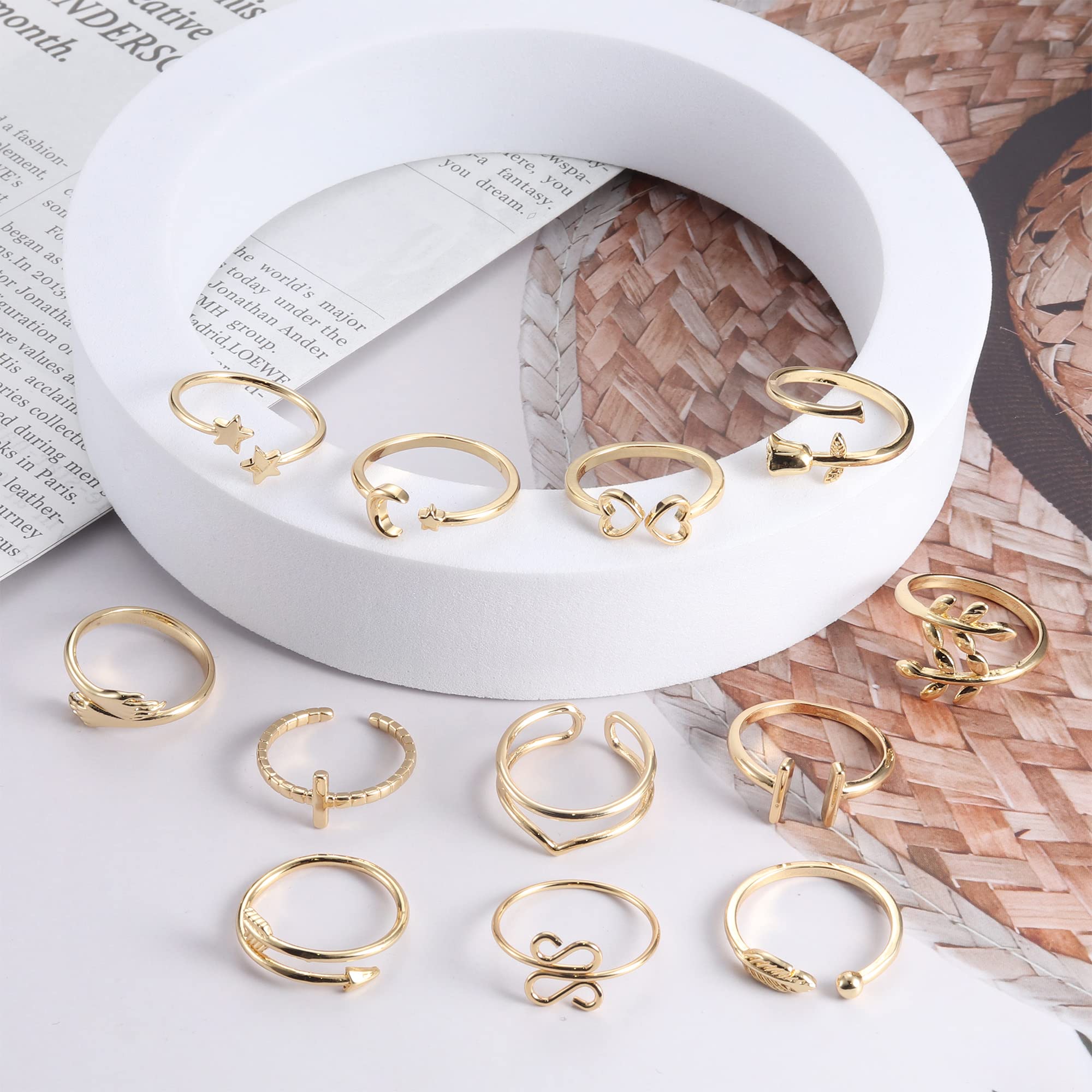 FASACCO 12Pcs Arrow Leaf Cross Hug Rings for Women Open Rings Set Adjustable Stackable Knuckle Thumb Rings 14K Gold Plated Heart Moon Star Joint Finger Rings Gold Tone