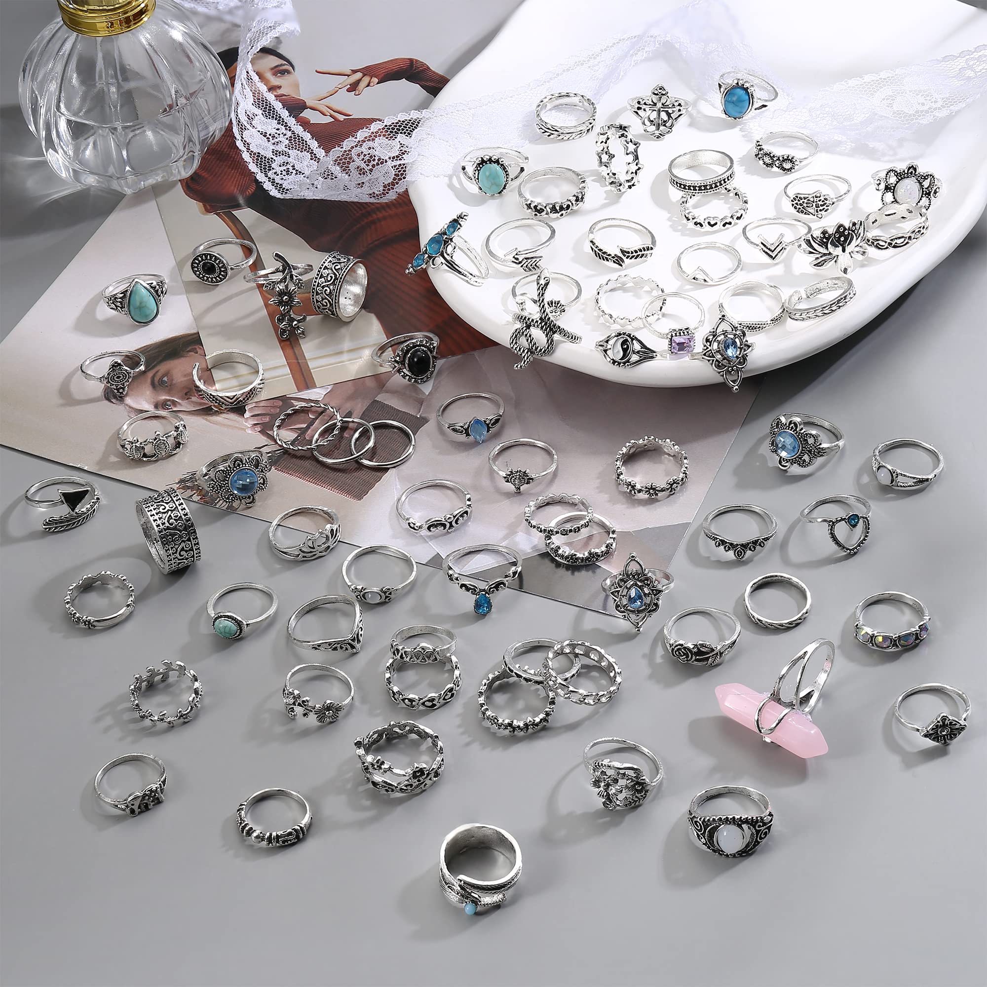 FASACCO 90Pcs Vintage Silver Knuckle Rings Set for Women Men Bohemian Stackable Joint Finger Rings Goth Hippie Punk Boho Butterfly Snake Retro Stone Crystal Stacking Midi Rings Pack