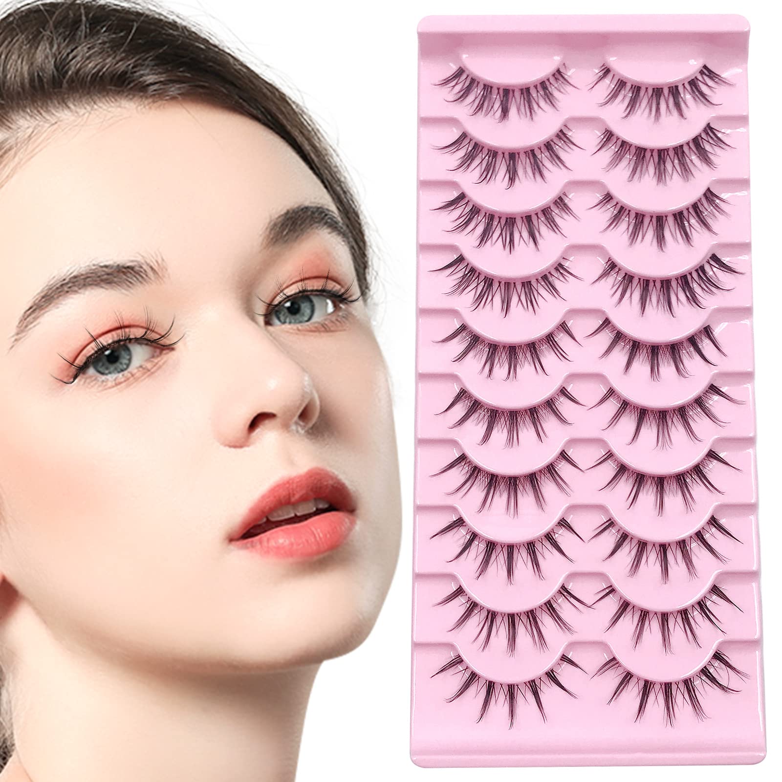 IFLOVEDEKD Manga Lashes Natural Look 10 Pairs Clear Band False Eyelashes 3 Styles Mix Japanese Anime Lashes Natural 3D Wispy Lashes Short Asian False Lashes Reusable Cosplay Eye Lashes