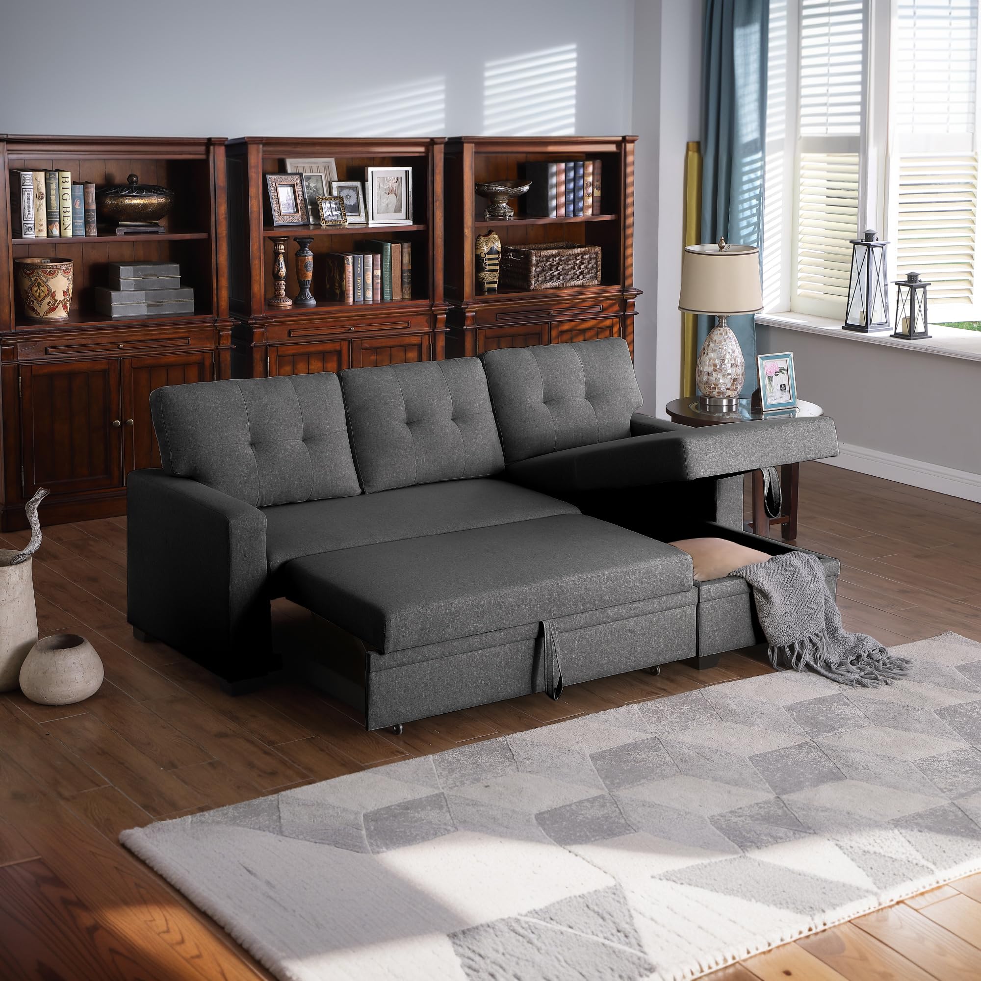 HHOK Pull Out Modular Sleeper Sofa Bed Living Room Furniture Sets, L Shaped Sectional Comfy Couch Upholstered with Reversible Storage Chaise Bench for Apartment, Home - Dark Gray Sofá