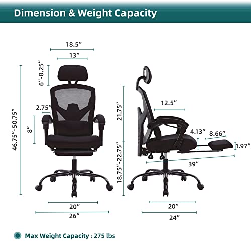 JHK Ergonomic Home Office Mesh Chair, Solid Black