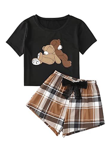 SweatyRocks Women's 2 Piece Pajama Set Graphic Short Sleeve Tee Shirt and Cute Plaid Shorts Black Brown Large