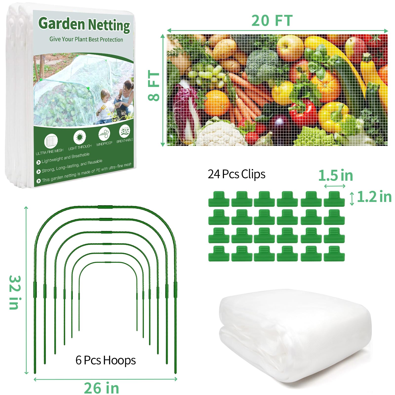 Garden Netting Kit for Raised Beds, 8x20ft Garden Netting Mesh with 6 Sets Garden Hoops (2FT Wide) & 24 Clips, Garden Mesh Netting Kit Row Cover for Plant, Garden Protection, Birds Animals Barrier