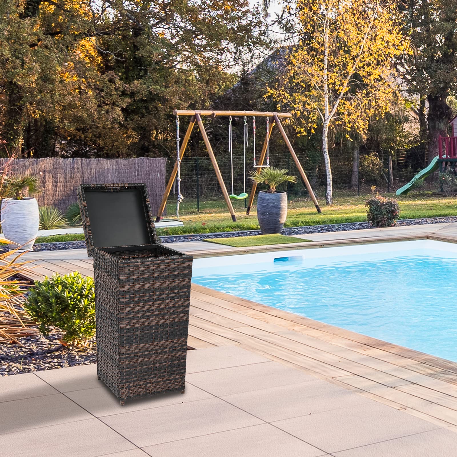 Outdoor Trash Can Rattan Garbage Can Trash Bin with Removable Lid Outdoor Waste Basket Wast Container for Backyard Patio Deck and Outdoor Kitchen Use,with Top Cover Iron Frame (Brown)