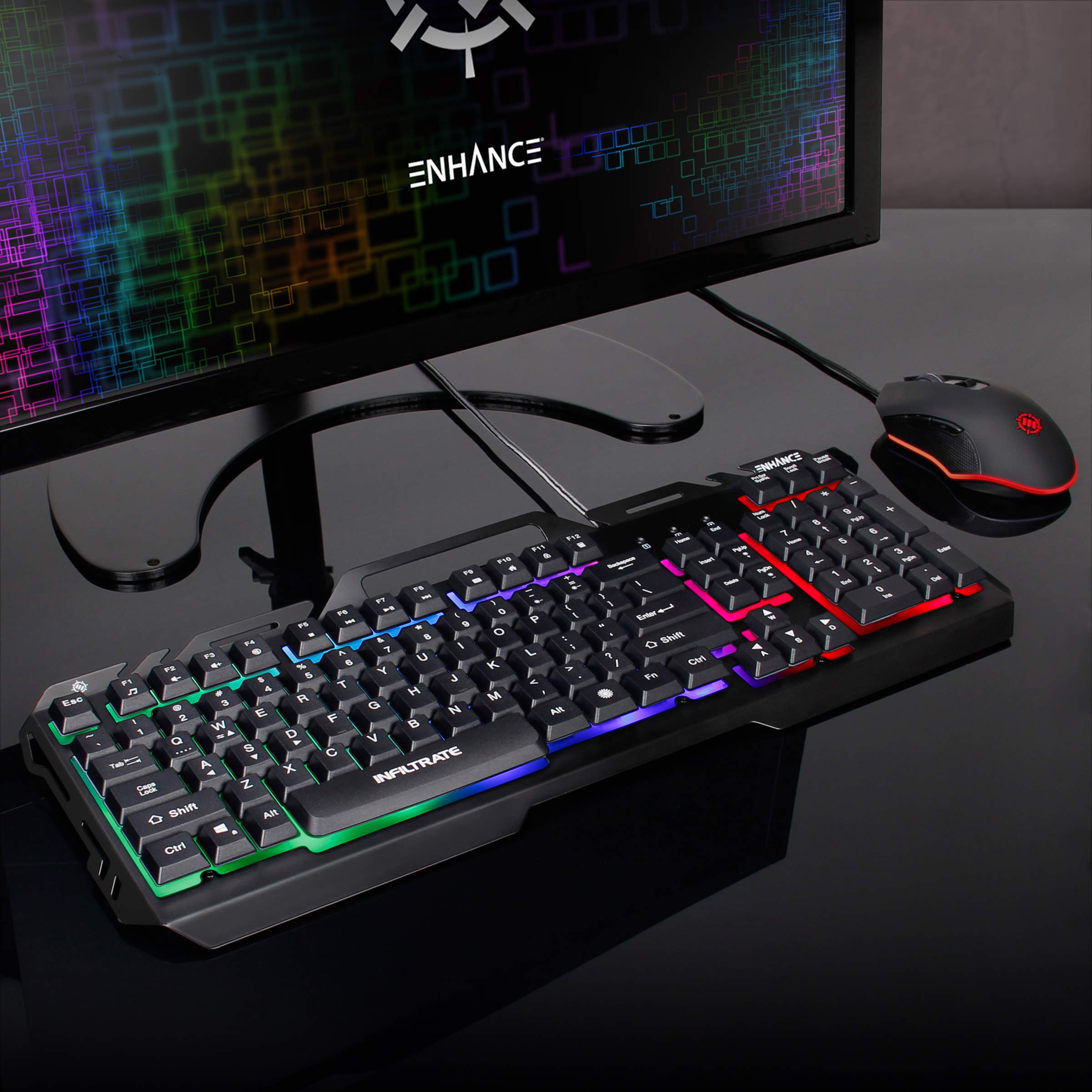 ENHANCE Infiltrate KL2 Membrane Gaming Keyboard - Quiet Keyboard with 3 Multi Color LED Lighting Modes, Turbo Input Mode, Anti-Ghosting, 19 Key Roll Over, Slim Low Profile Metal Design