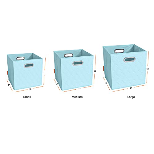 JIAessentials Medium 12-inch Blue Foldable Diamond Patterned Faux Leather Storage Cube Bins Set of Four with Handles with Dual Handles for living room, bedroom and office storage