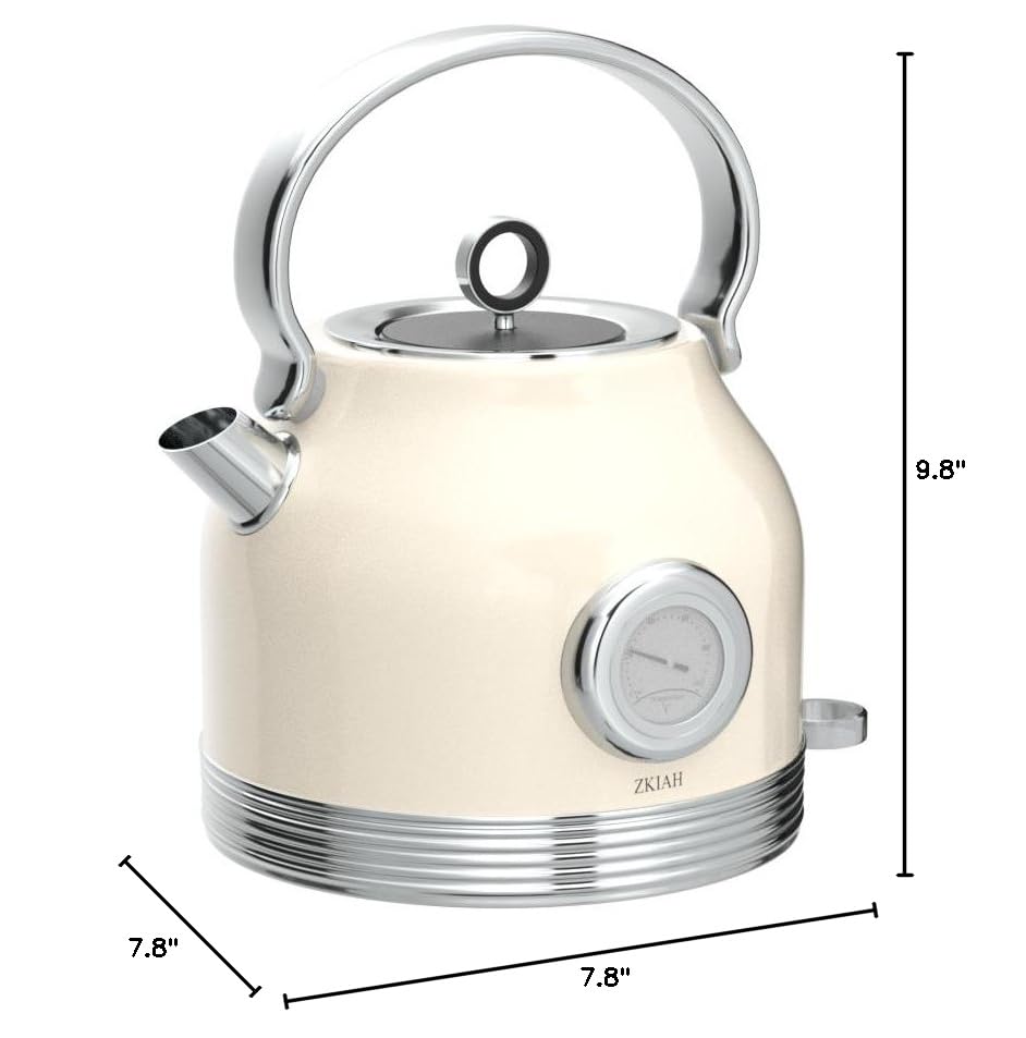 Electric Kettle Stainless Steel, Retro Water Boiler with Filter Thermometer Water Level Indicator LED Switch, Auto Shut-Off and Boil-Dry Protection (Beige)