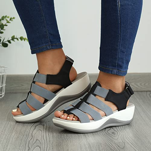 Ladies Fashion Summer Breathable Stretch Cloth Platform Wedge Hook&Loop Sandals Wedge Heels for Women Sandals