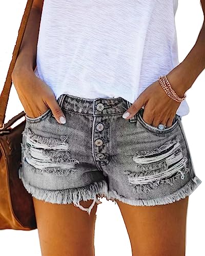 LISK Summer Hipster Girl Ripped Tassel Denim Straight Breasted Shorts Hot Pants (Color : Grey, Size : S)