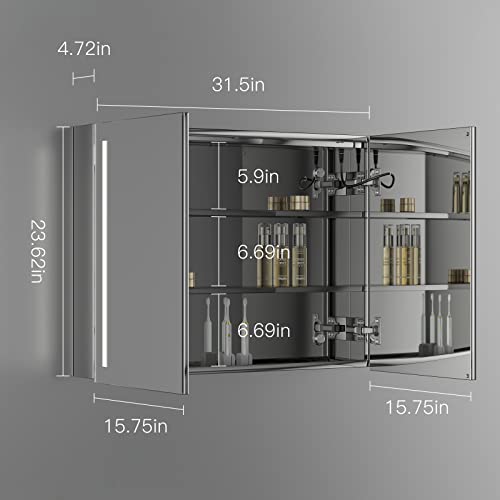 Seenvlog Medicine Cabinet with Lights,LED Medicine Cabinet for Bathroom with Defogger,Dimmer,Memory Function,2 Doors,23.62"* 31.5"Lighted Medicine Cabinet,Surface Mount, Stainless Steel