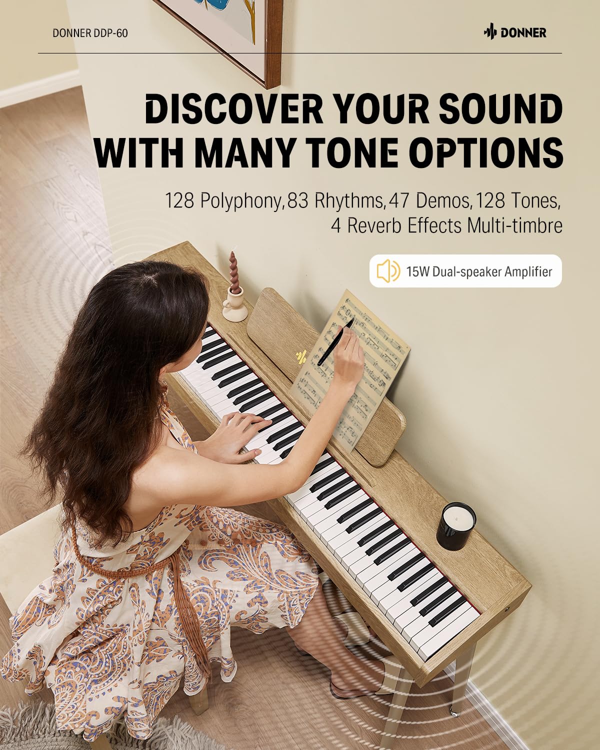 Donner 88 Key Digital Piano for Beginner, Electric Keyboard with Velocity-Sensitive Keys, 128 Voices, 83 Rhythms, 8 Reverb Effects, DDP-60 Piano Include 3 Piano Style Pedals, Power Supply, Stand