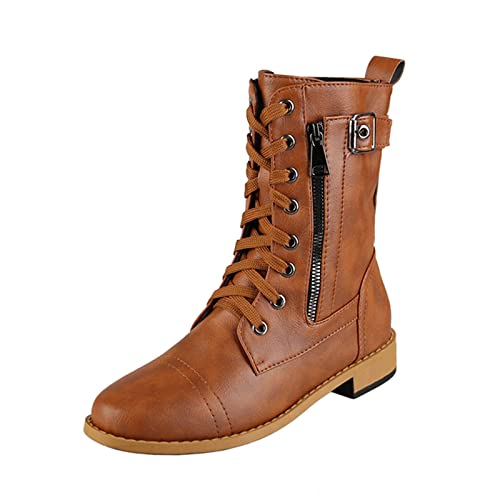FASDNENDYS Boots for Women Low Heel Heel Side Motorcycle Chunky Boots Shoes for Women Zipper Cowboy Boots 1 Inch Heel Brown