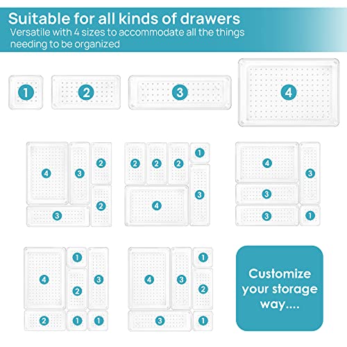 Vtopmart 60 PCS Drawer Organizer, 4-Size Clear Plastic Drawer Organizer Bins Containers for Bathroom and Vanity Storage, Home Organization for Makeup, Kitchen Utensils