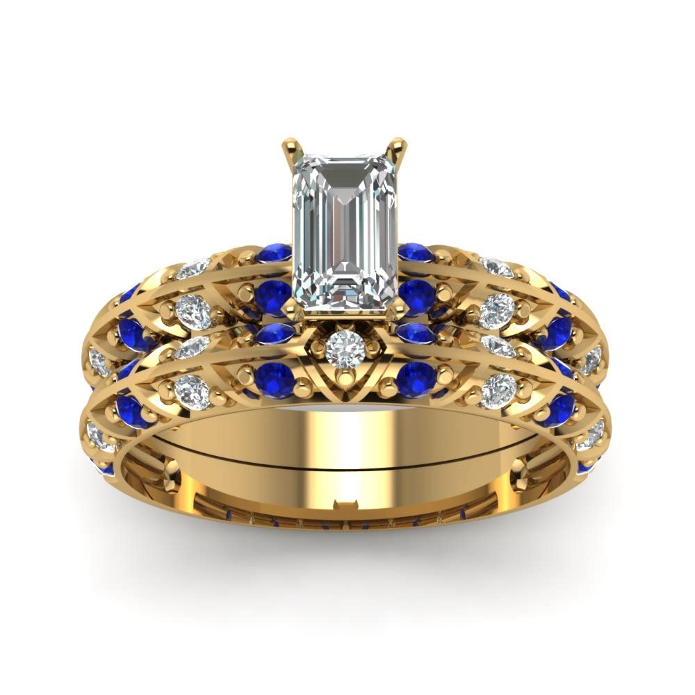 Emerald Cut Diamond Wedding Ring Sets with White Diamond in 14K Yellow Gold Birthstone Handcrafted Lightweight Modern Design Eternity Love and Promise Birthday Gift