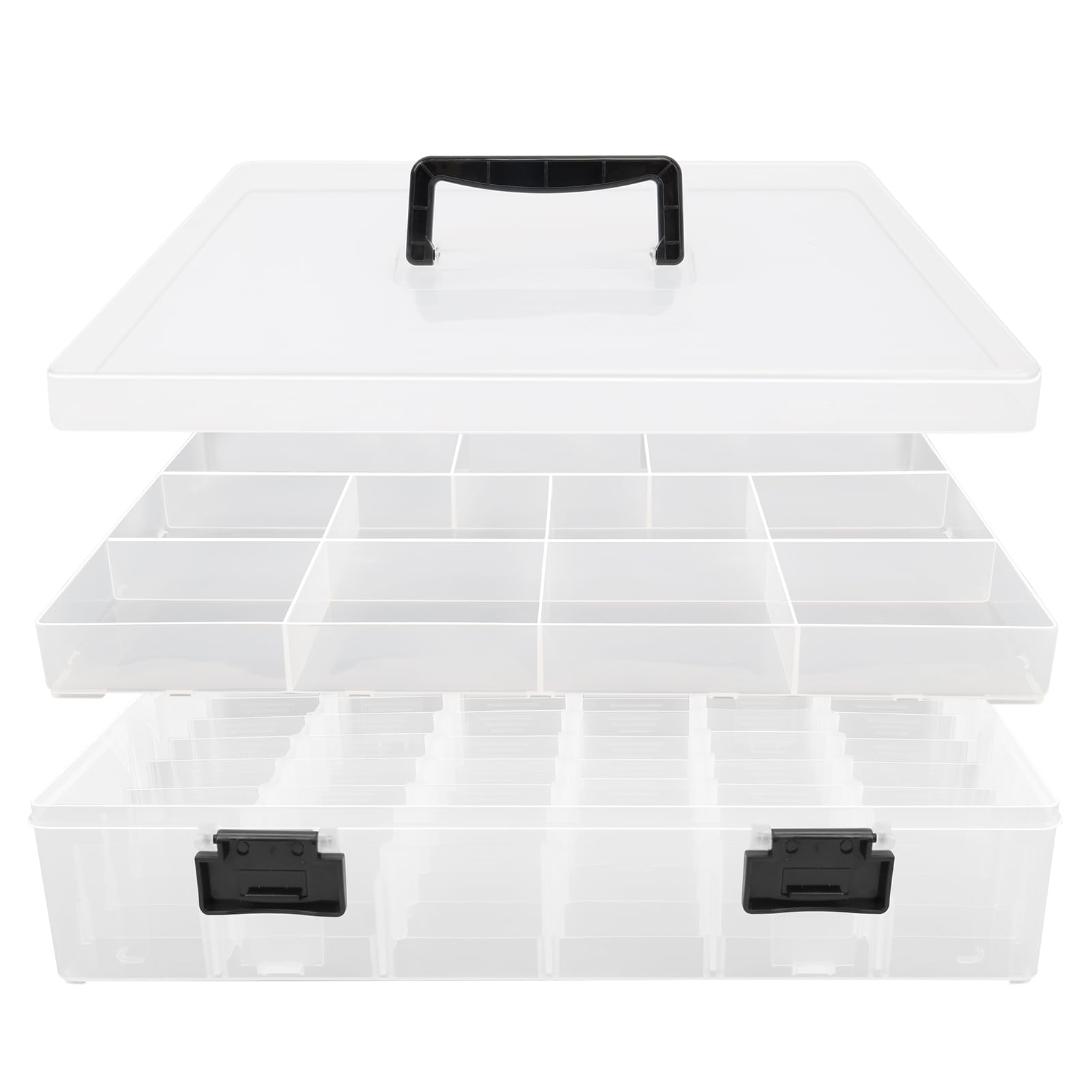 GoodSing 2 Layer Plastic Organizer Box with Dividers - Stackable Storage Organizer Bins for Clear Container Storage for Beads Crafts Jewelry Fishing Tackles, 14x 10x 3.5 inch