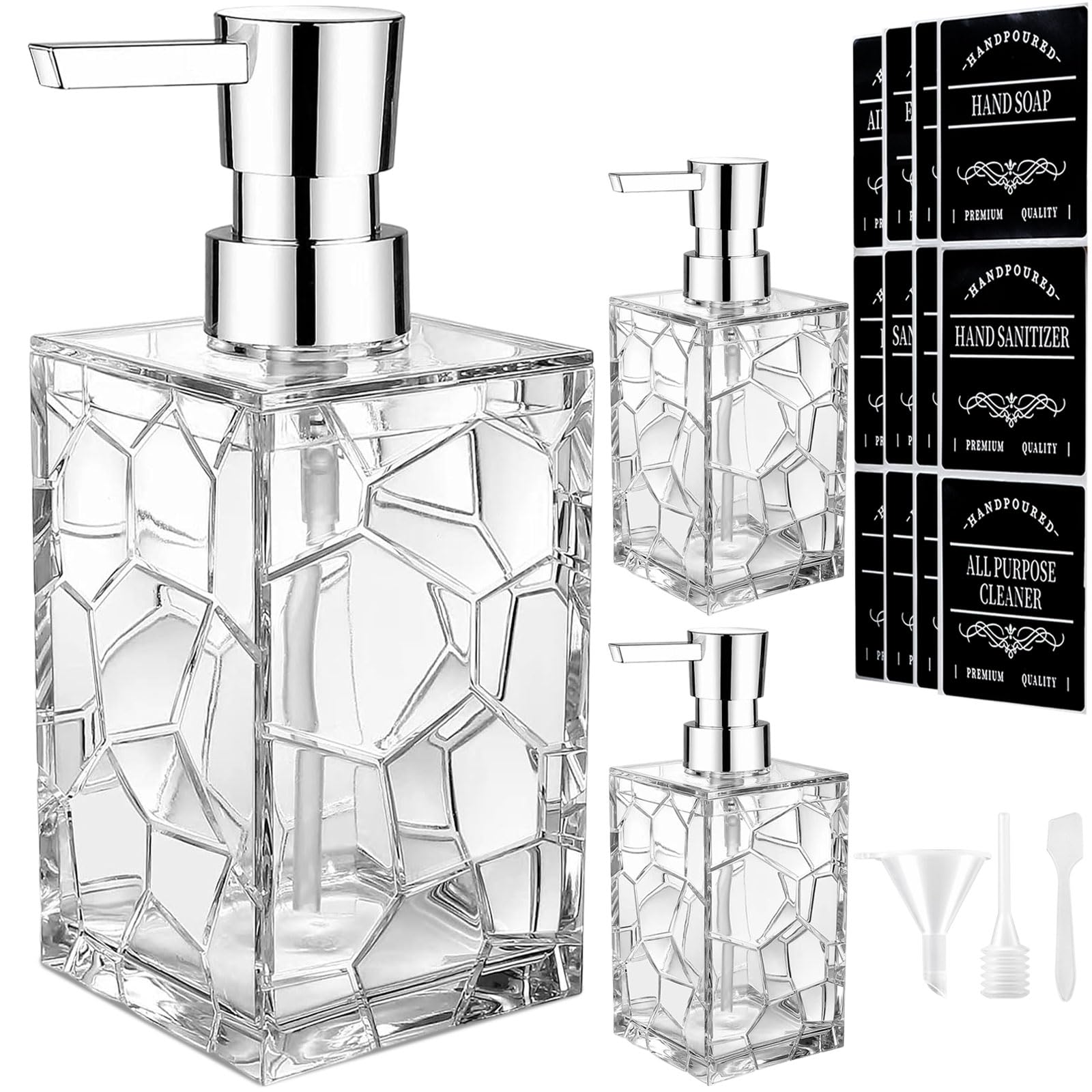 Dexspoeny 3 Pack Clear Bathroom Countertop Soap Dispenser,Refillable Soap Dispenser for Kitchen and Bathroom, Bathroom Soap Dispenser Set includes 12 Stickers and Transparent Funnel Tool