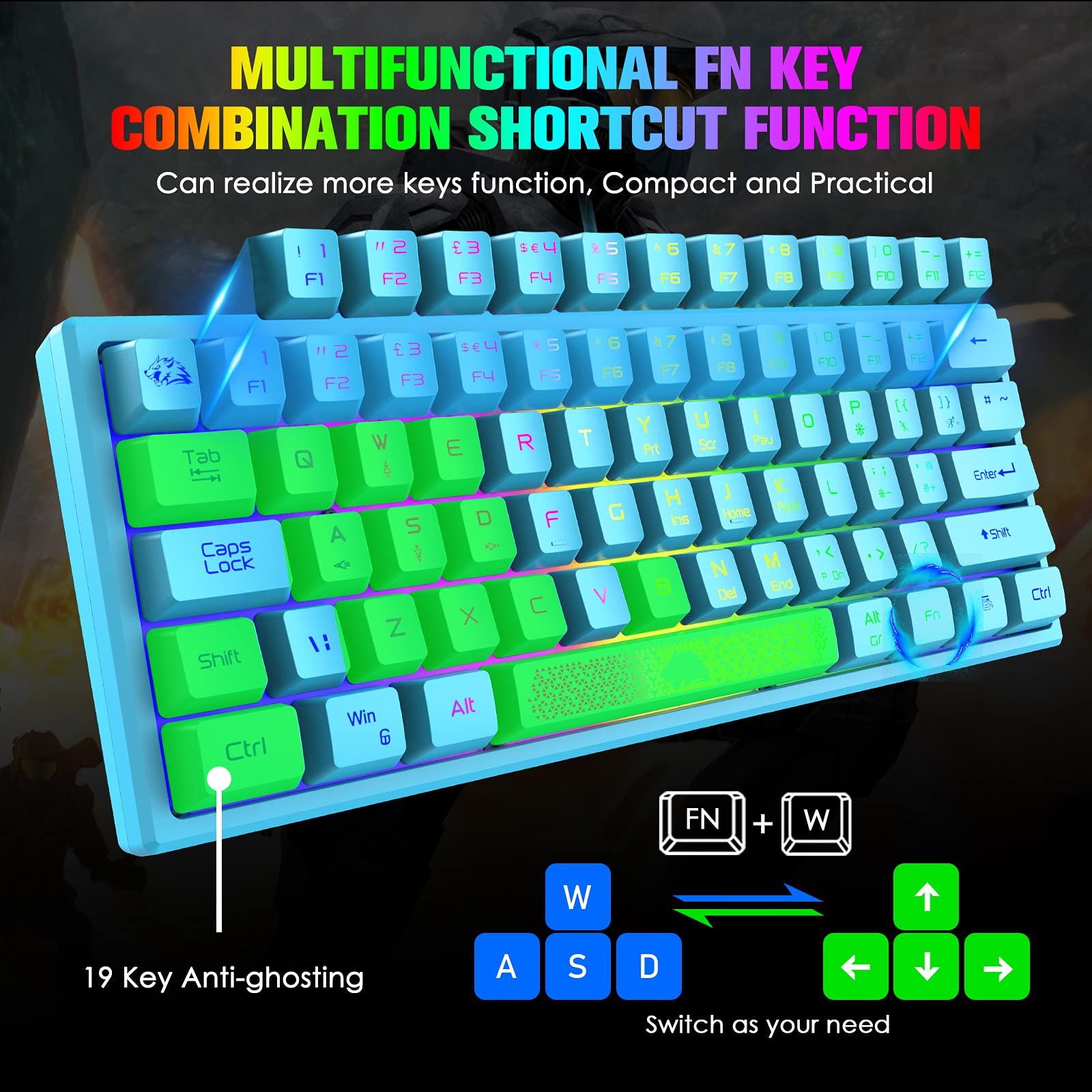 Gaming Keyboard and Mouse Combo Mini Portable with Chroma RGB Backlit Ergonomic 62Key Layout 19Key Anti-ghosting Mechanical Feel 3200DPI Honeycomb Mice USB Wired for PC Mac Gamer Laptop Typists(Blue)