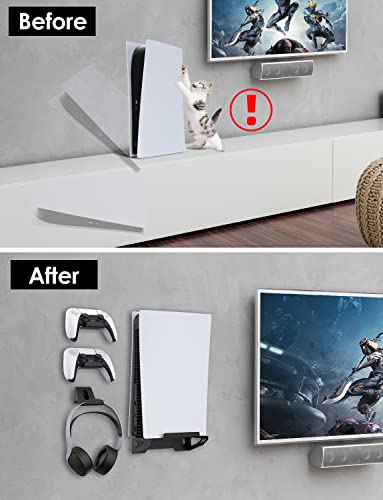NexiGo Wall Mount Set for Playstation 5 (Disc & Digital), [Space Saving & Improved Airflow] Sturdy Steel Wall Stand Holder Mount PS5 Console Near or Behind TV w/Controller Holder & Headphone Hanger
