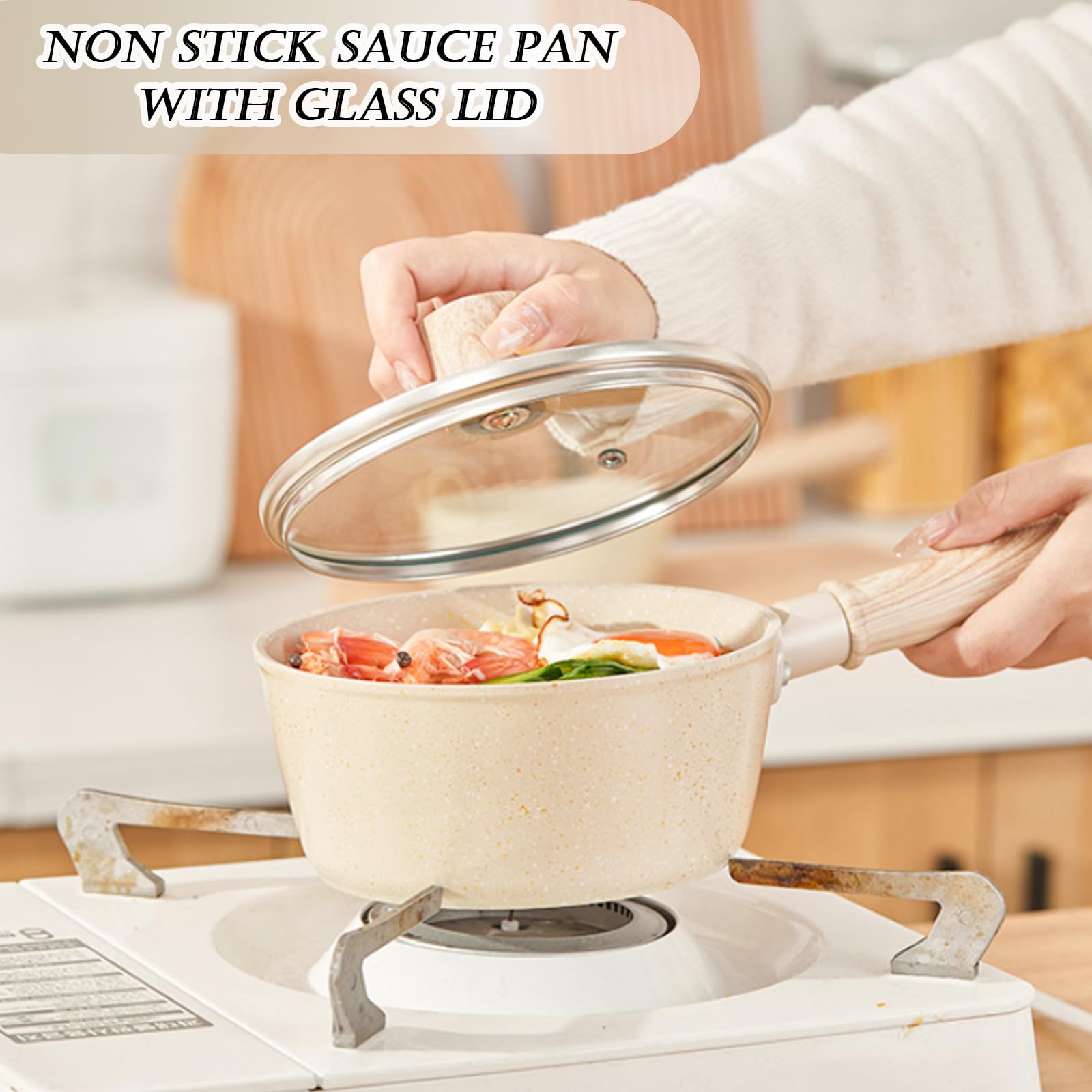 Sauce Pan With Lid, 1 Quart White Small Pots for Cooking with Nonstick Coating, Sauce Pot With Lid, Wooden Handle, PFOA Free, Suitable for Gas, Induction, Electric,Ceramic Stove (1 Quart)