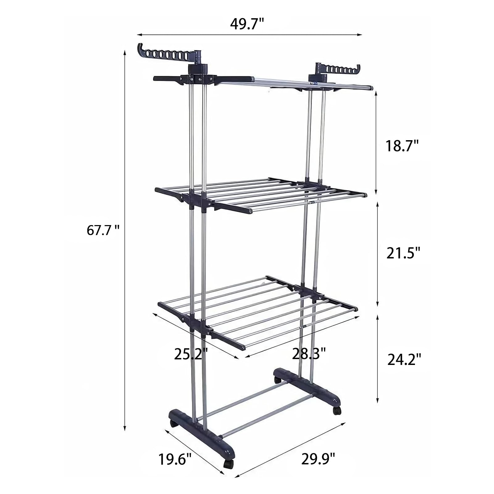KissAir 4-Tier Folding Drying Rack, Clothes Drying Rack, Stainless Steel Free Standing Movable Laundry Rack, Heavy Duty Rack for Clothing, Bed Linen, Grey