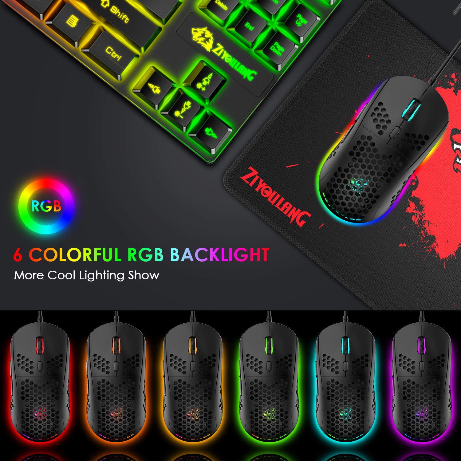 Gaming Keyboard and Mouse Combo,88 Keys Compact Rainbow Backlit Mechanical Feel Keyboard,ps4 Converter Adapter,RGB Backlit 6400 DPI Lightweight Gaming Mouse with Honeycomb Shell for Windows PC Gamers