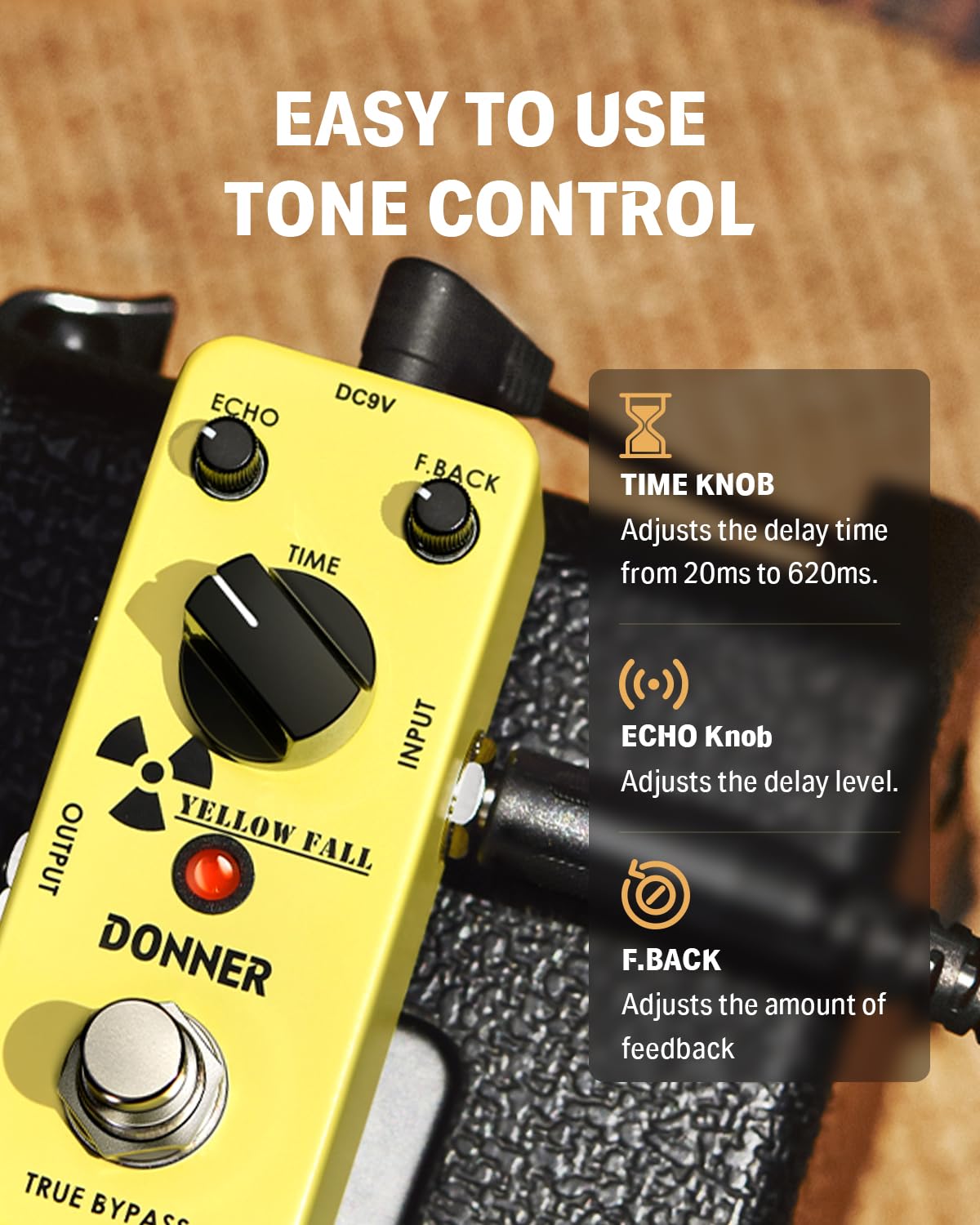 Donner Guitar Delay Pedal for Pedal Boards, Electric Guitar, Yellow Fall Analog Delay Guitar Effect Pedal Vintage Delay True Bypass