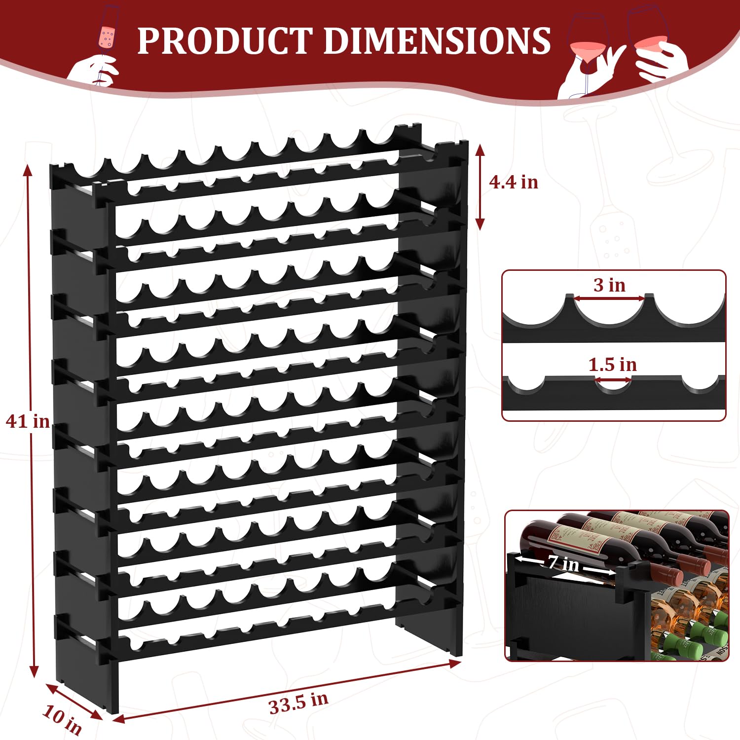Domax Wine Rack Freestanding Floor - 8 Tiers Wine Bottle Holder 72 Bottle Stackable Wine Rack， Bamboo Wine Holder Wine Storage Racks for Kitchen, Bar, Pantry and Cellar (Black)