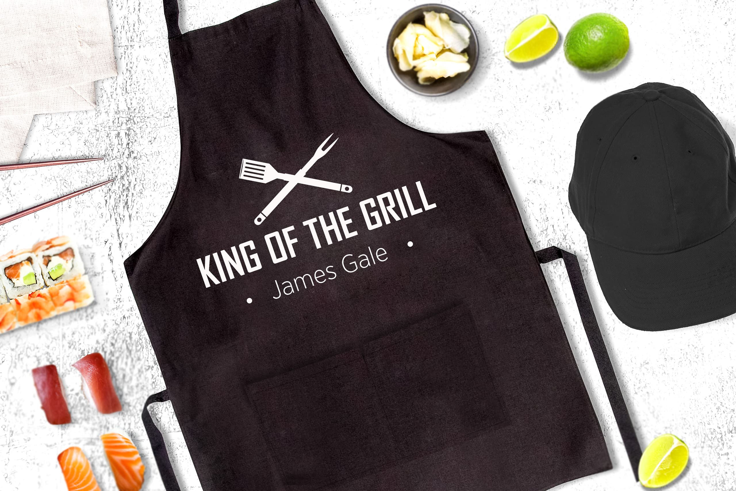 King of the Grill, Cutting Board, Personalized Cutting Boards for Men and Dad, Fathers Day, Dad's Birthday, Christmas Gift, Custom Cooking Gift, BBQ Gifts, Kitchen Gift, With Apron and Display Stand