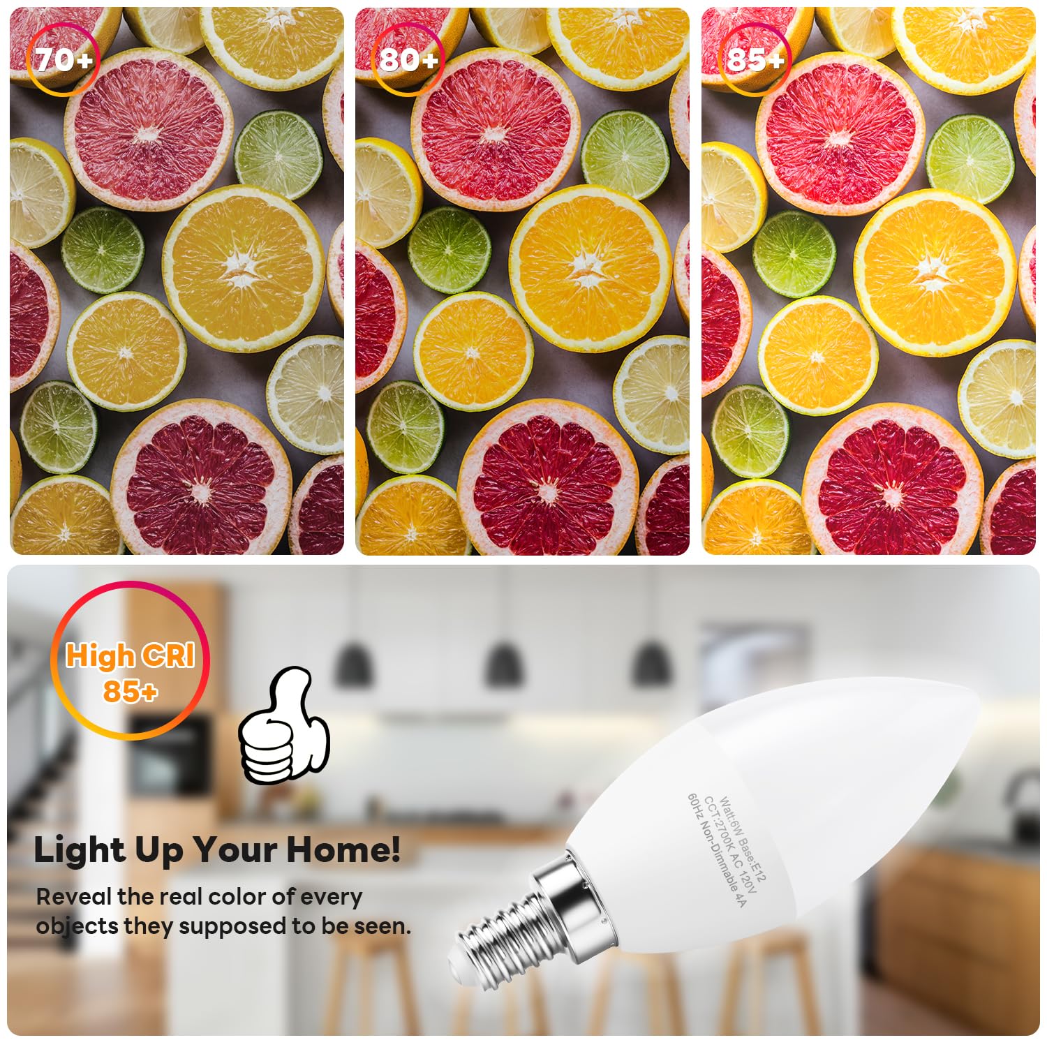 HengBo LED E12 LED Candelabra Bulbs, 60W Equivalent E12 Light Bulbs, C37 Candle Base Chandelier Light Bulbs, Non-Dimmable, Warm White 2700K, Pack of 6