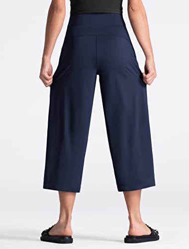 THE GYM PEOPLE Bootleg Yoga Capris Pants for Women Tummy Control High Waist Workout Flare Crop Pants with Pockets (Navy Blue, X-Large)