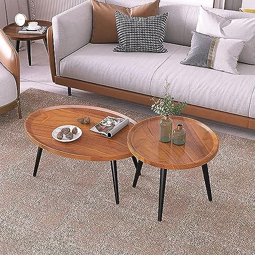Nesting Coffee Table Oval,Wood Creative Sofa Side End Tables, Coffee Tables/Nightstand Set of 2,Black Metal Legs with Adjustable Foot Pad,for Living Room Bedroom Balcony (Color : Light Brown)