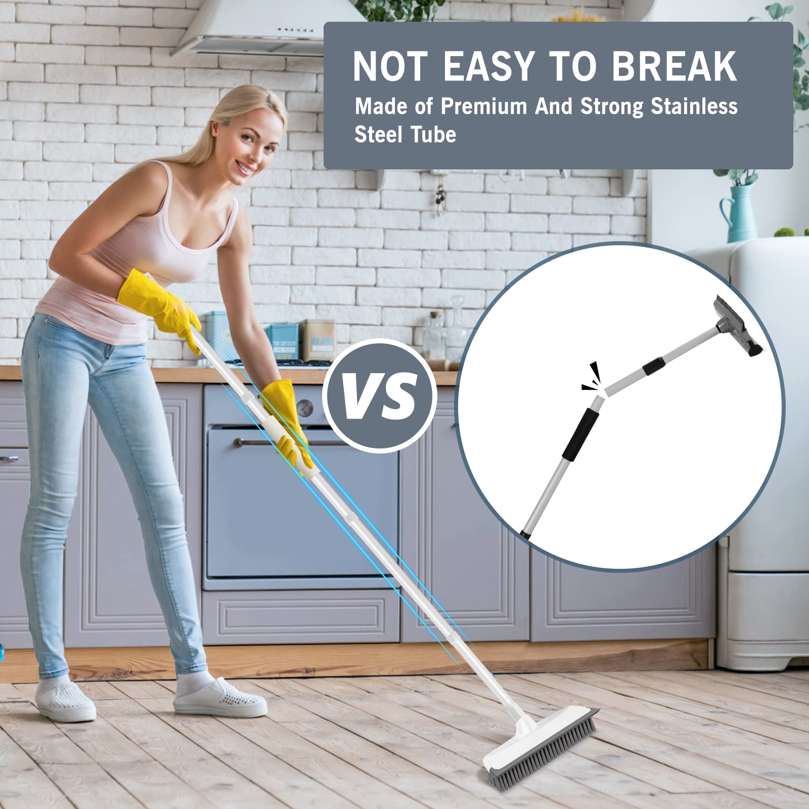 Floor Scrub Brush with Squeegee, Floor Brush Scrubber with 55'' Firm Long Handle, Shower Cleaning Brush for Bathroom, Patio, Kitchen, Wall and Deck