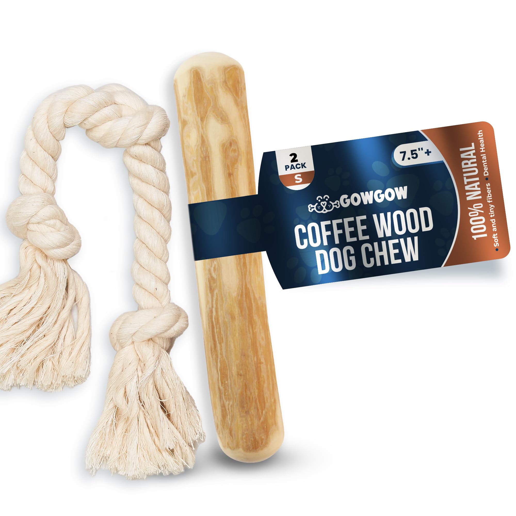 GOWGOW Wooden Chews for Dogs & Natural Dog Rope Toys, 2 Pack Size Small - 100% Natural Chews for Dogs Teething, Stress Relief, Dental Health, Organic Dog Toys