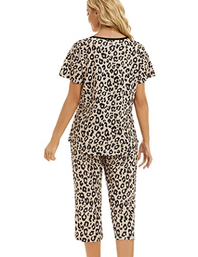 LOCUBE Women's Pajama Sets Soft Comfy Pj Set Short Sleeve Tops and Capri Pants with Pockets (#9 Leopard, Medium)