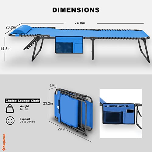 KingCamp Patio Chaise Lounge Chairs Reclining Folding Adjustable Outside with Pillow Lawn Pool Beach Sunbathing Camping Cot Outdoor, 74.8''x23.2''x14.5'', Cobalt Blue
