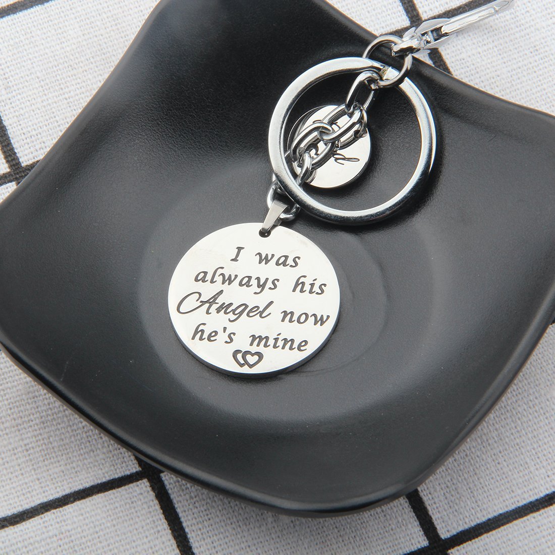ENSIANTH I Was Always His Angel Now He's Mine Dad Hand Stamped Keychain with Dad Charm (Angel keychain)