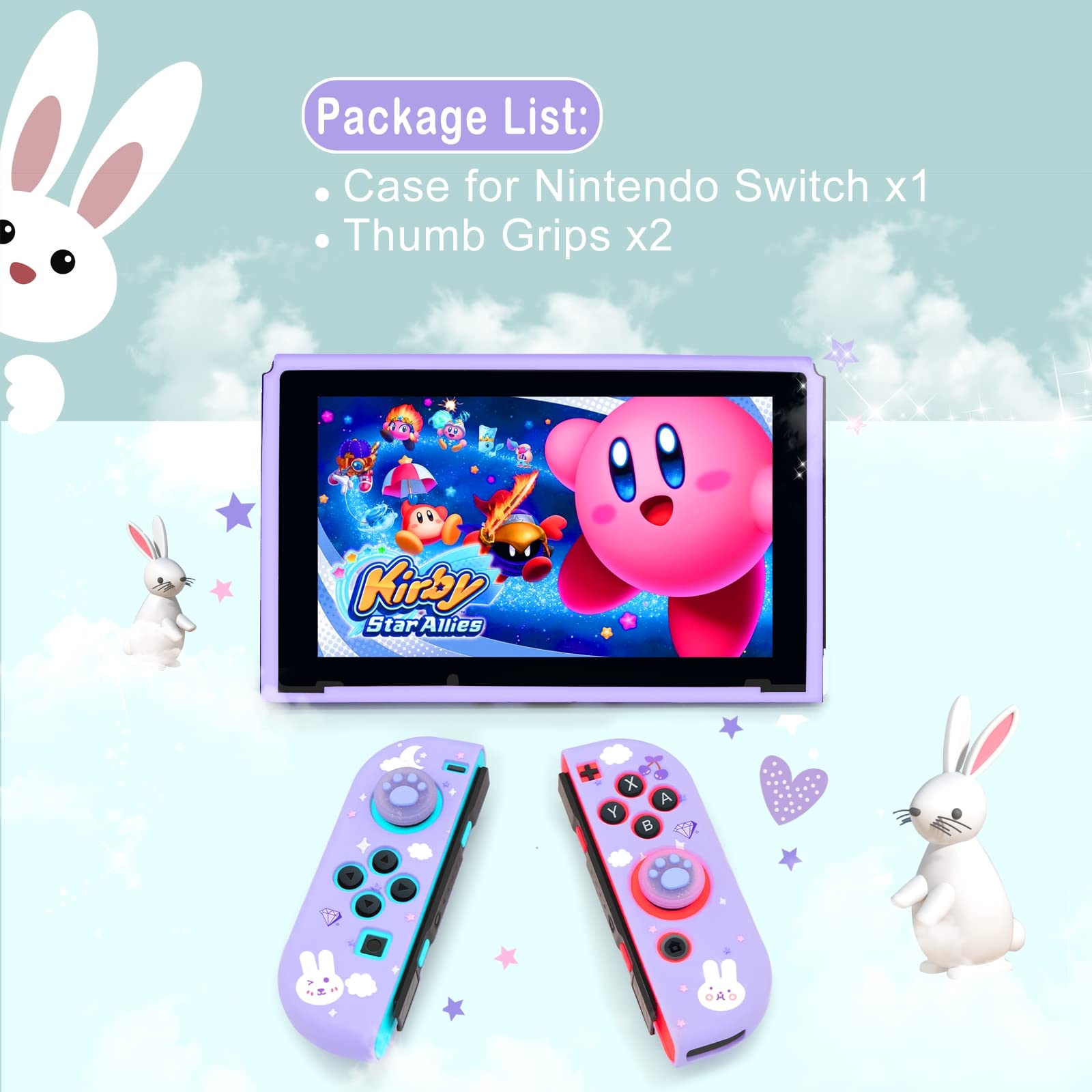 Dockable Protective Case Compatible with Nintendo Switch, Cute Soft TPU Slim Grip Cover for NS & Joy-con Controllers with 2 Cat Paw Thumb Grips Caps, Accessories Christmas Gifts for Girls-Purple Bunny