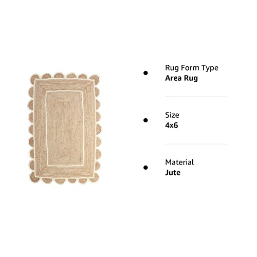 KLAVATE Scalloped Multi Border Decor Braided Jute Collection Classic Quality Made Natural Hand Woven Area Rug (4x6, White)