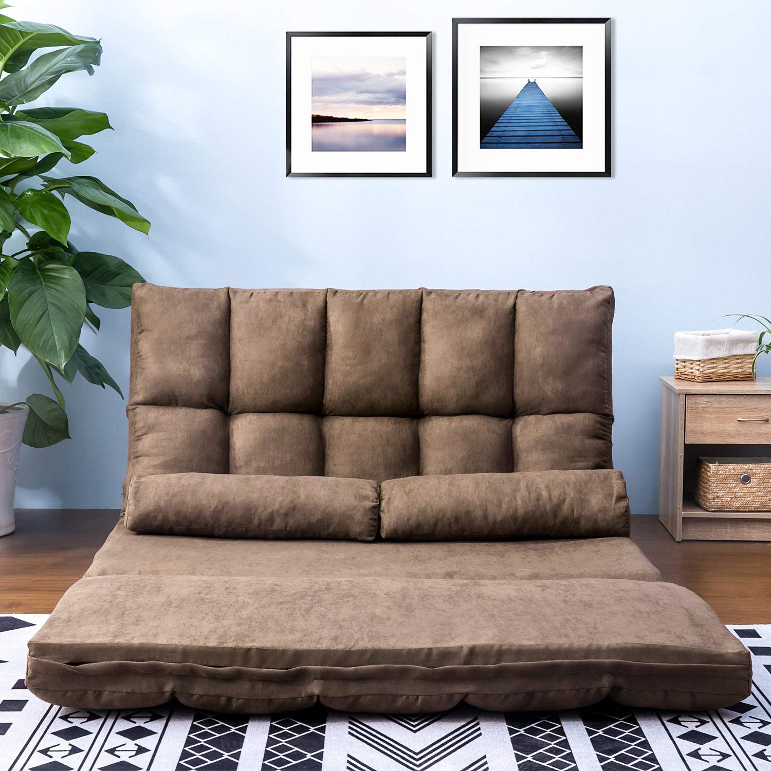 EMKK Chair with Back Support-Double Seating for Adults & Kids,w Adjustable Couch Fully Backrest 2 Pillows Gaming Living Room, Folding Chaise Lounge Floor Sofa, Brown Aparment a
