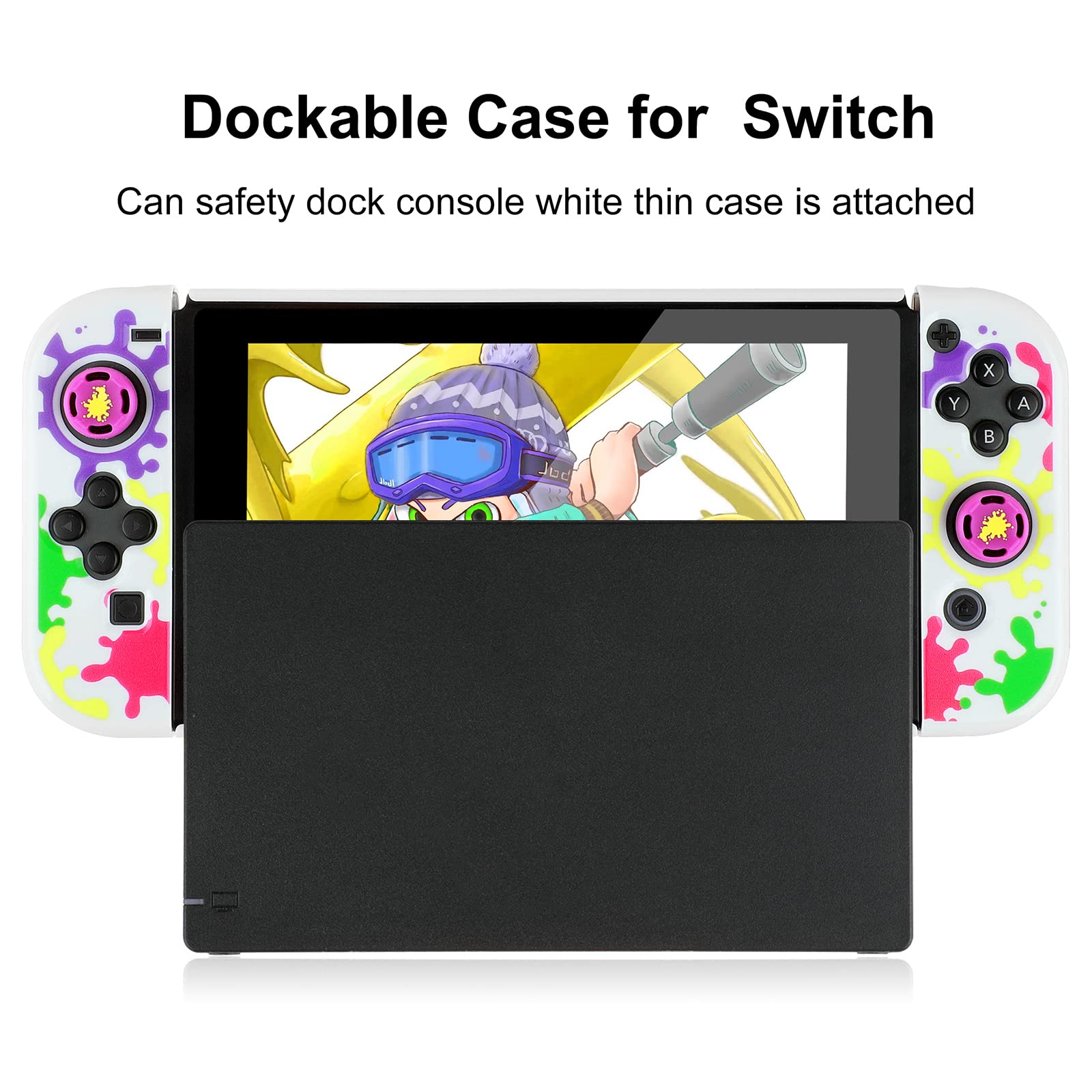 Dockable Protective Case Compatible with Switch, Hard Shell Case Cover for Switch and Joy-Con Controllers with 4 Thumb Grips,for Splatoon 3 Switch Carrying Case(Splatoon)